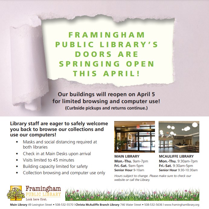 Framingham News - Framingham Public Libraries to Reopen April 5th, 2021